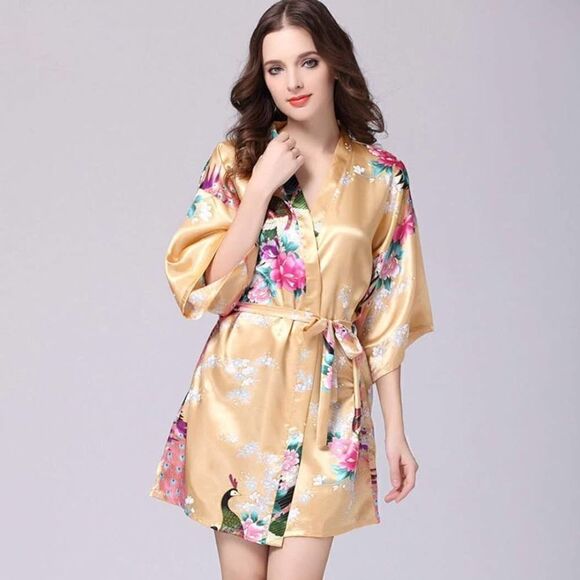 Intimates & Sleepwear | Satin Gold Peacock Floral Kimono Robeszs | Poshmark